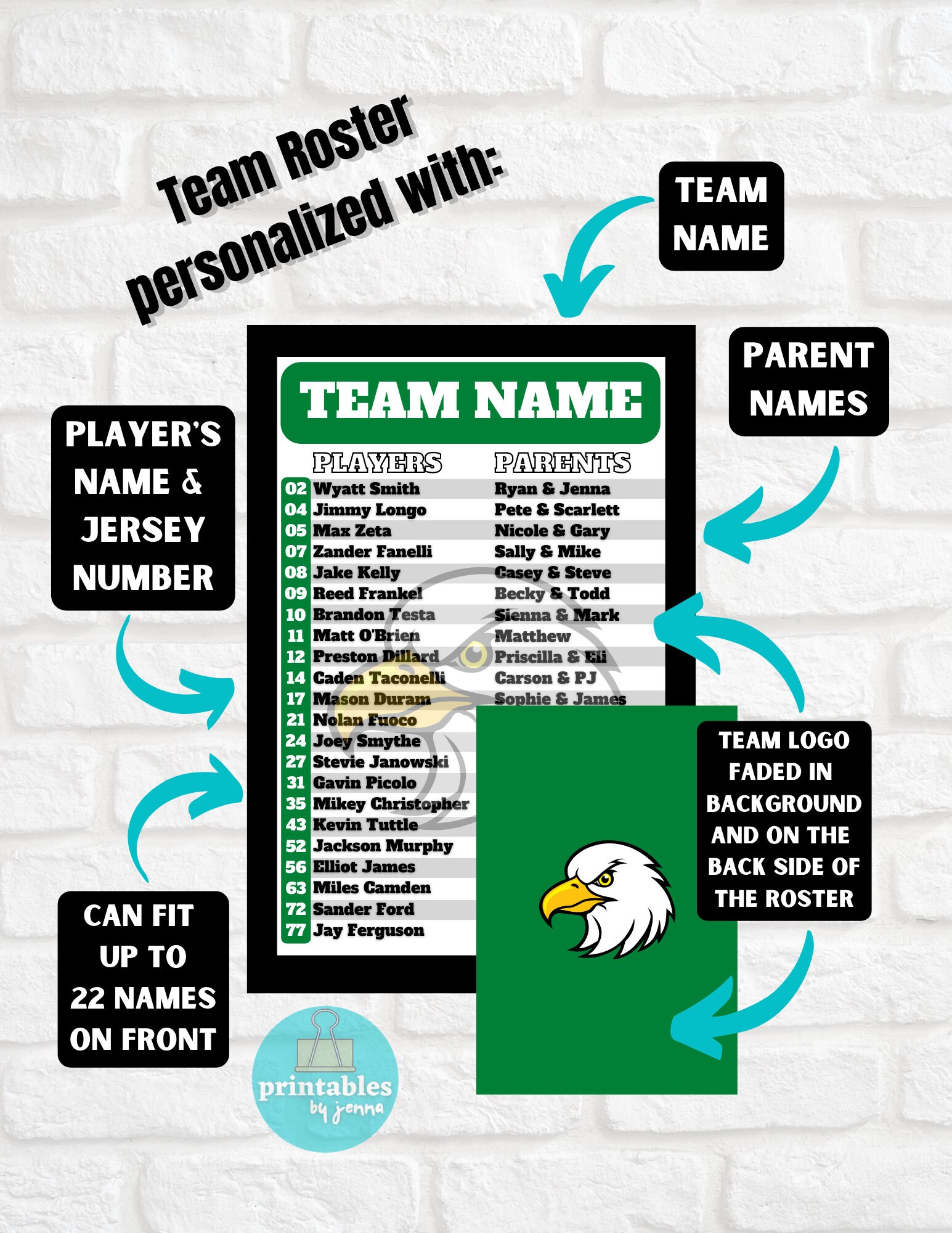 Team Roster Cards With Parent Names Personalized With Your Team Logo ...