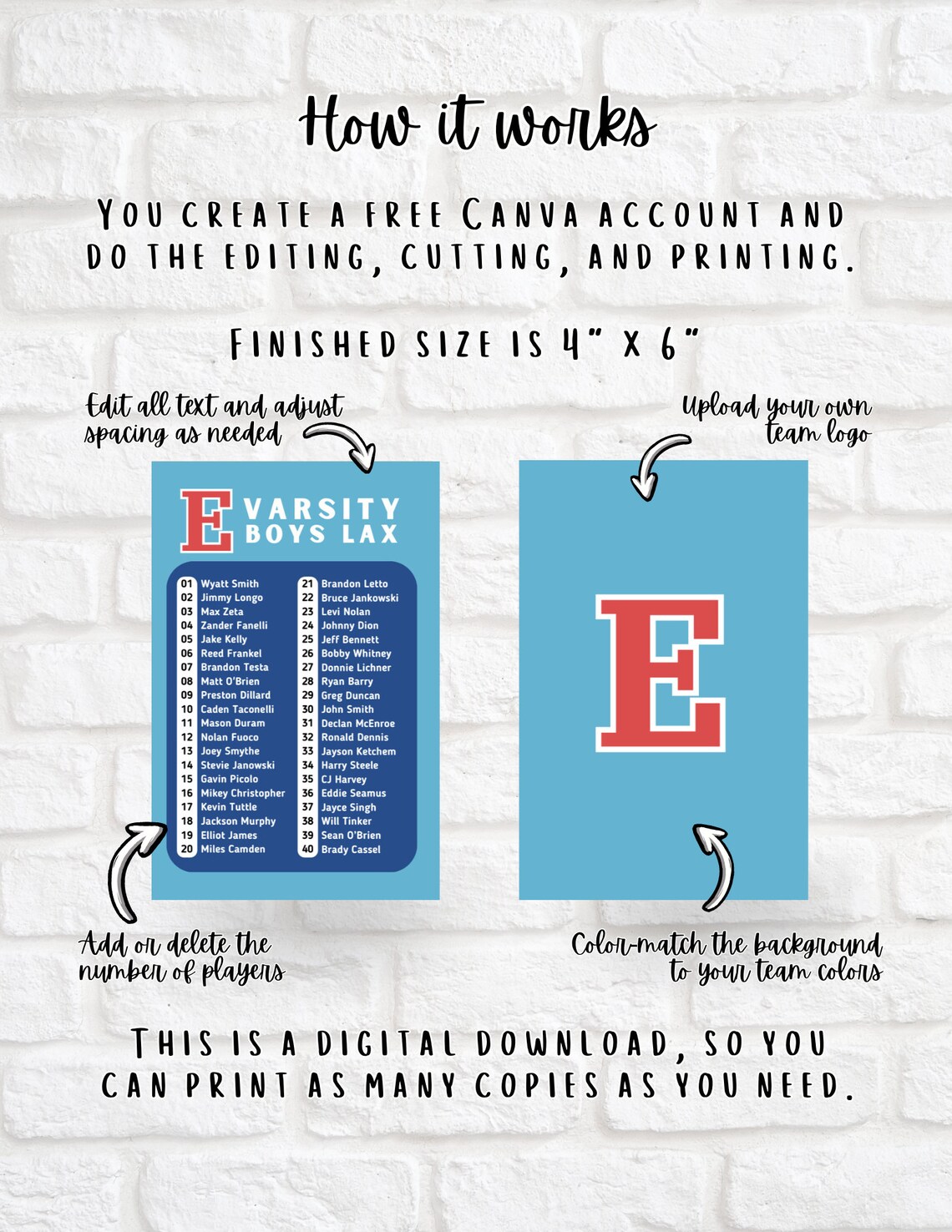 EDITABLE Team Roster Card TEMPLATE 4 - W/two Columns, Color Block - You ...