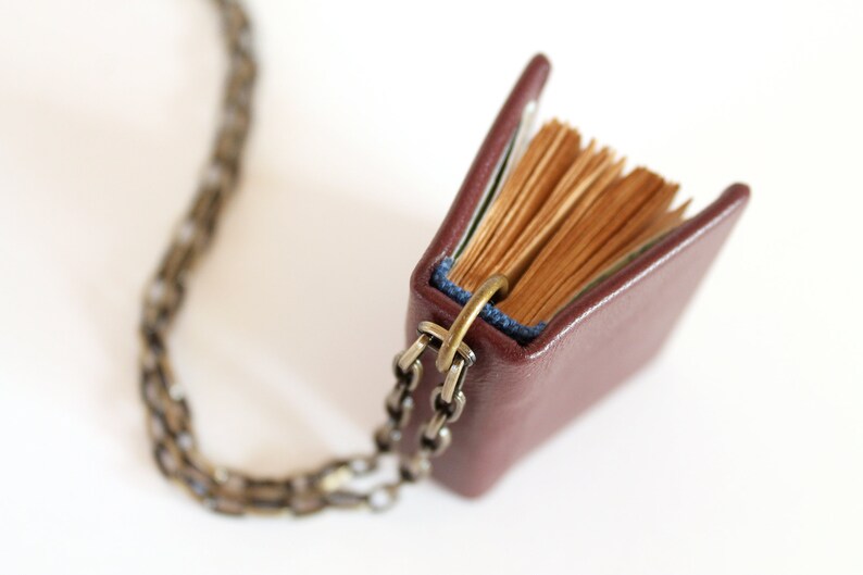 A Worn Volume - Tiny Book Chain Necklace Brown Leather Handbound With ...