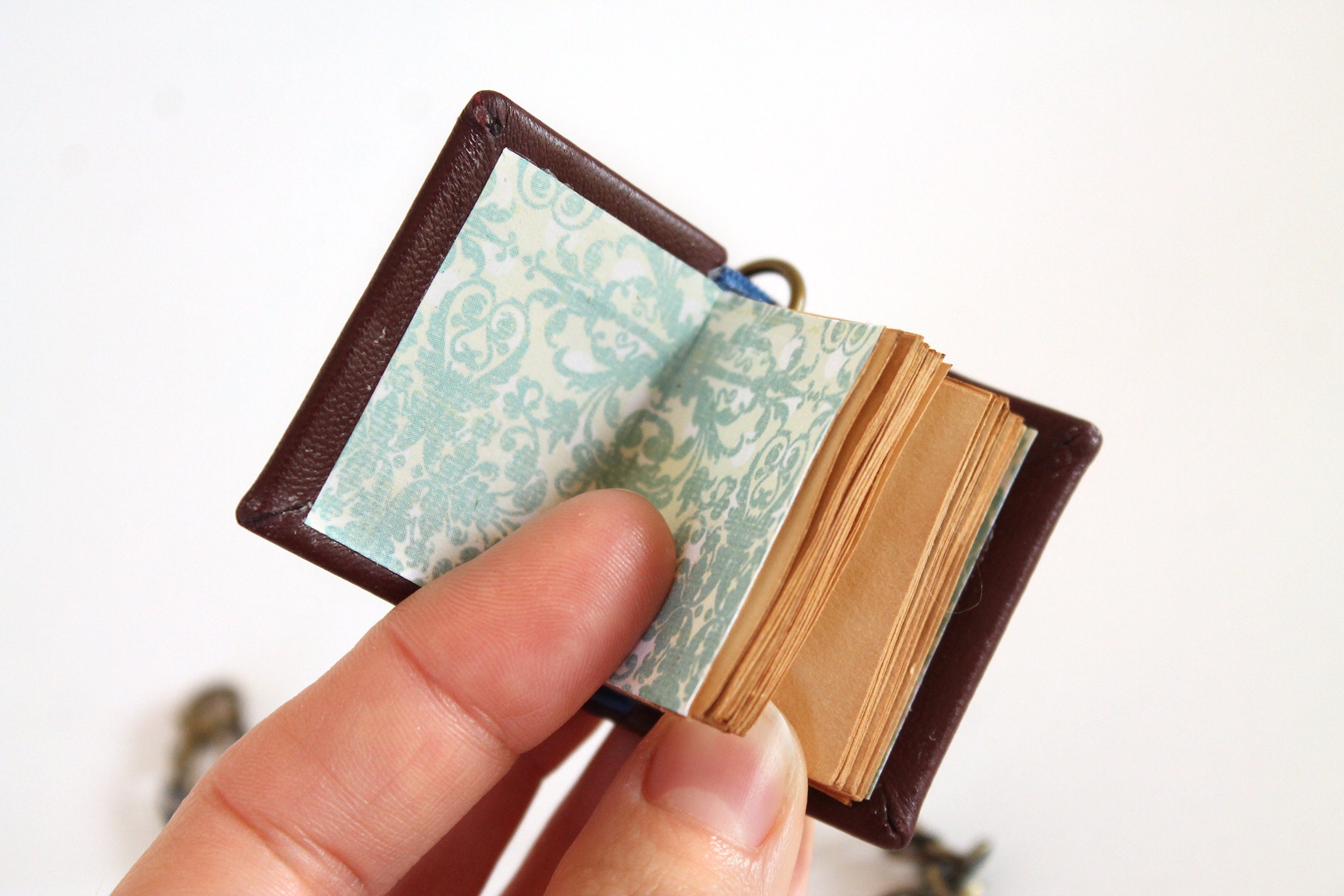 A Worn Volume - Tiny Book Chain Necklace Brown Leather Handbound With ...