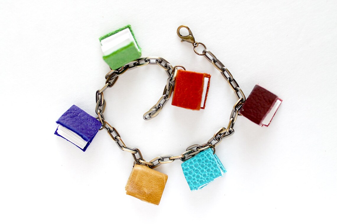 Colorful "brights" Mini Book Bracelet, Chain With Tiny Leather Books ...