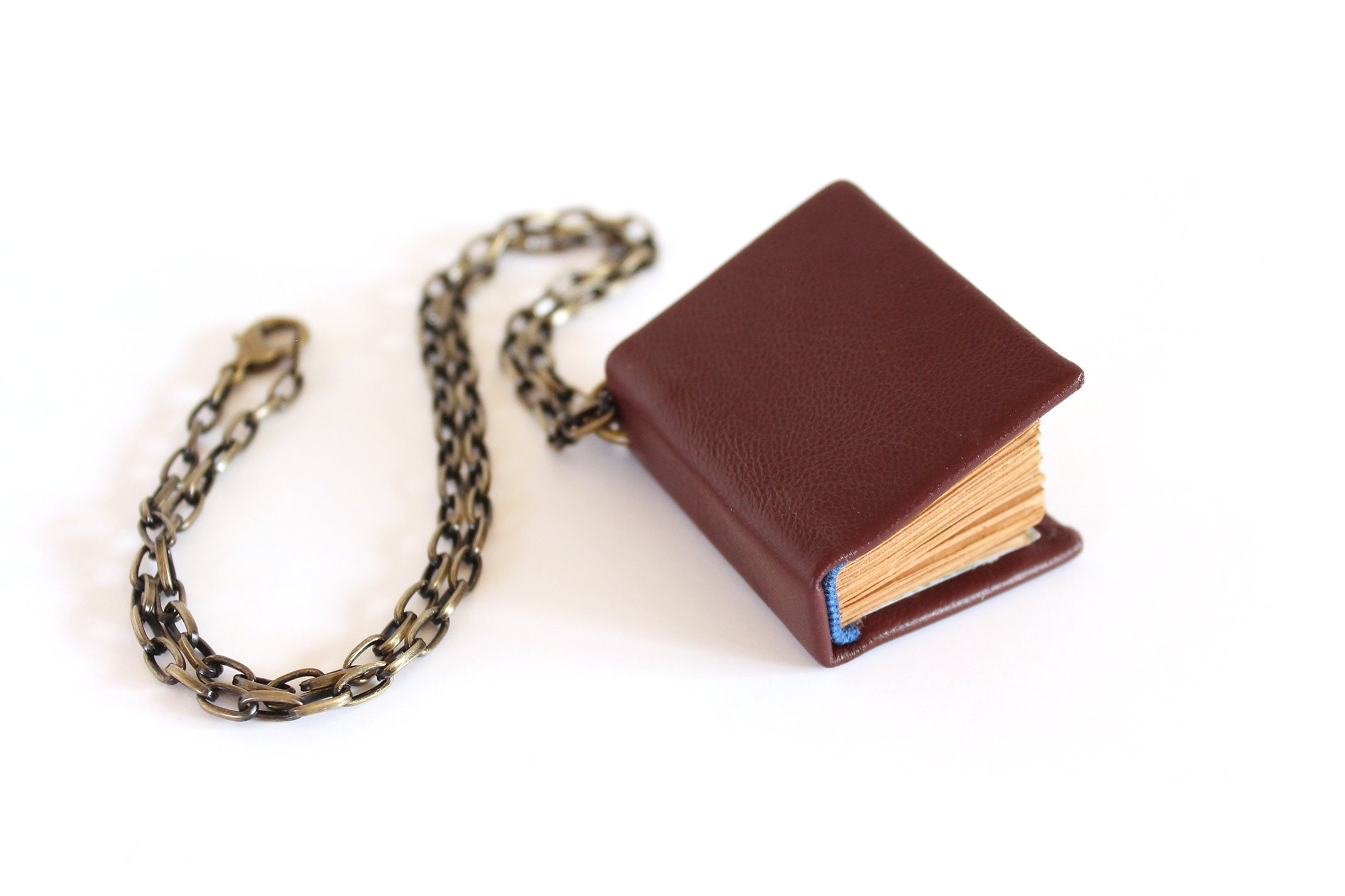 A Worn Volume - Tiny Book Chain Necklace Brown Leather Handbound With ...