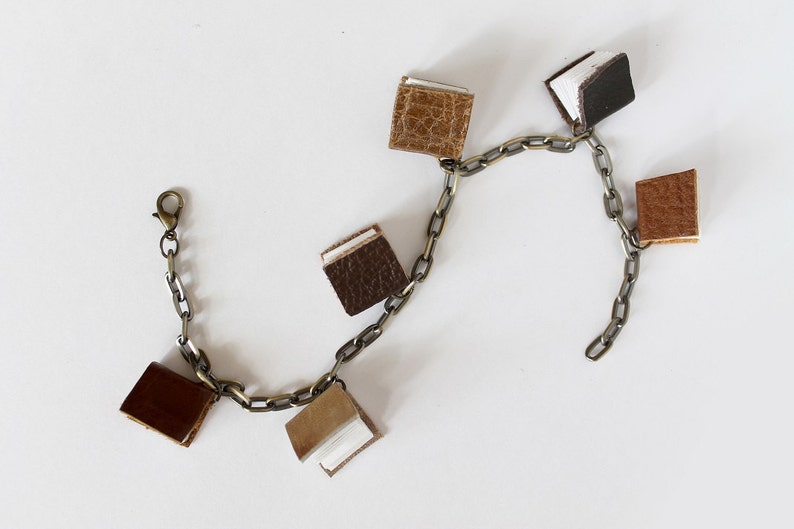 Mini Book Chain Bracelet With Shades of Brown Leather, Handmade Book ...