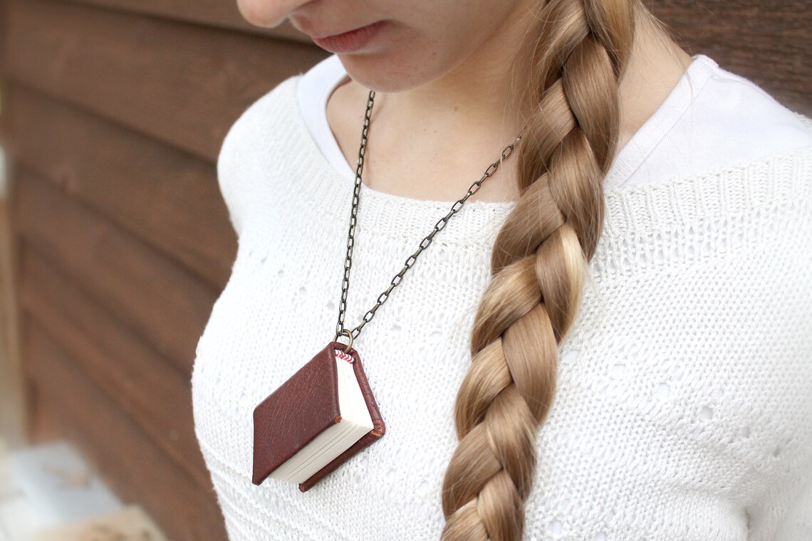 A Worn Volume - Tiny Book Chain Necklace Brown Leather Handbound With ...