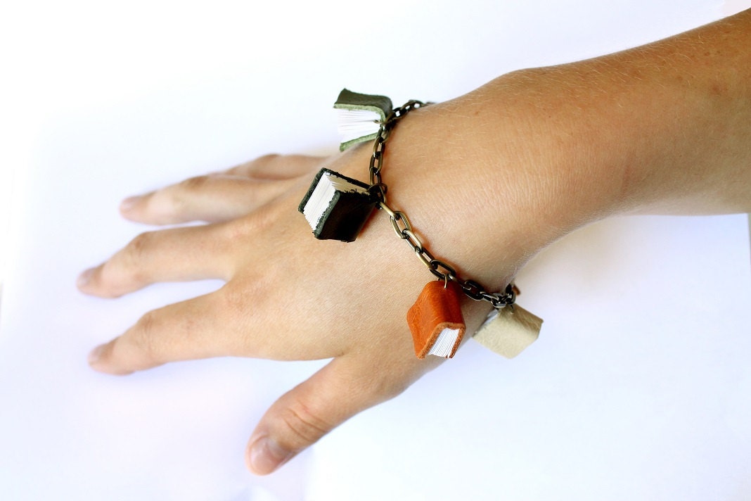 Mini Book Chain Bracelet With Shades of Brown Leather, Handmade Book ...