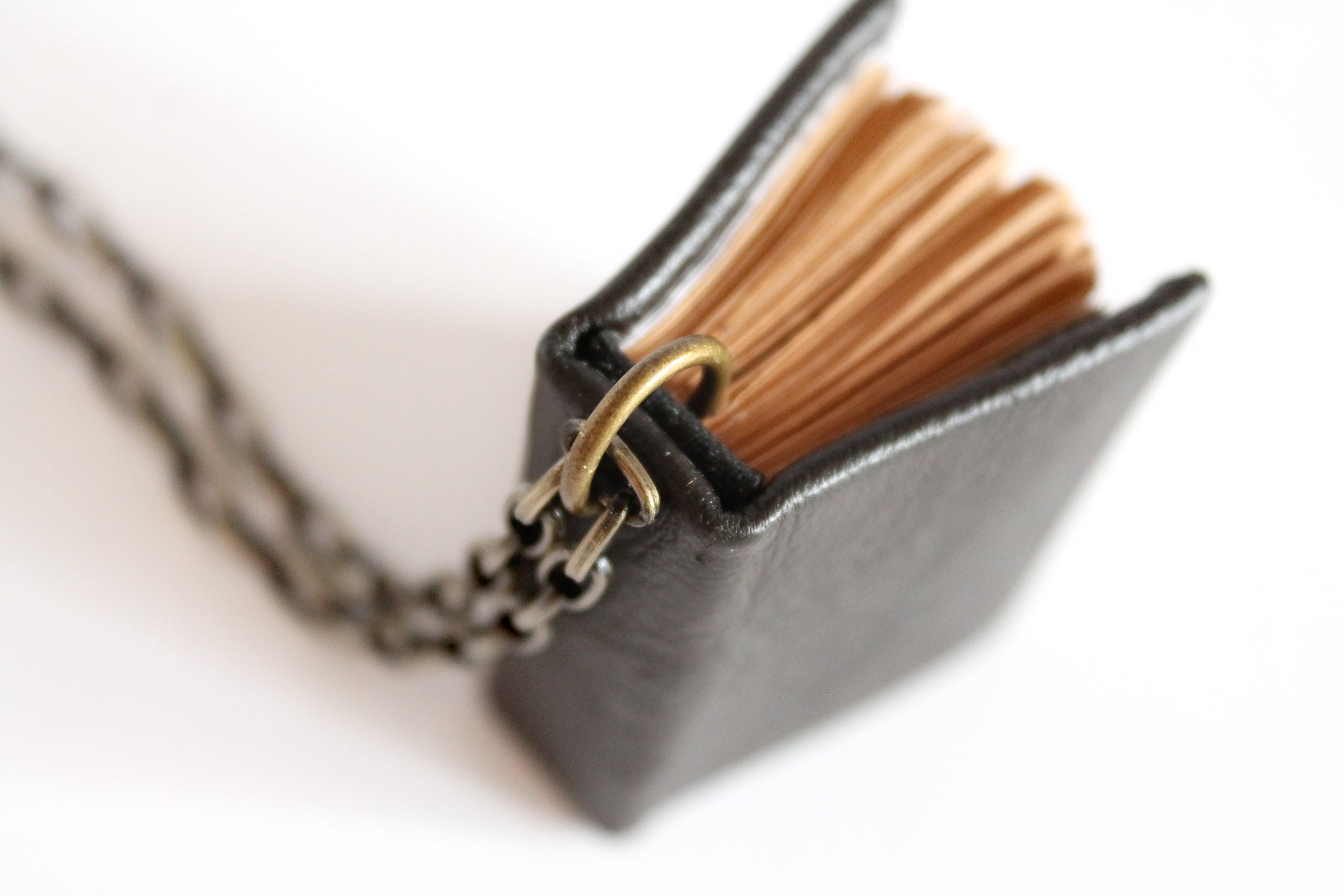 A Worn Volume - Tiny Book Chain Necklace Black Leather Handbound With ...