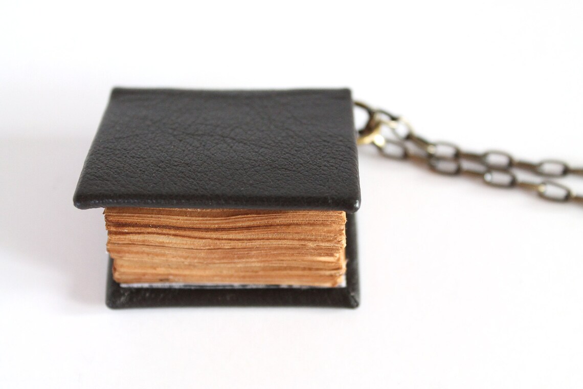 A Worn Volume - Tiny Book Chain Necklace Black Leather Handbound With ...