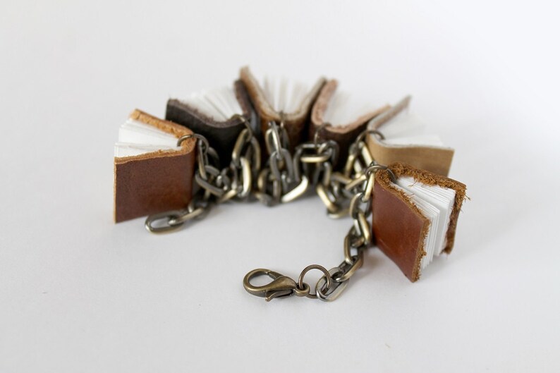 Mini Book Chain Bracelet With Shades of Brown Leather, Handmade Book ...