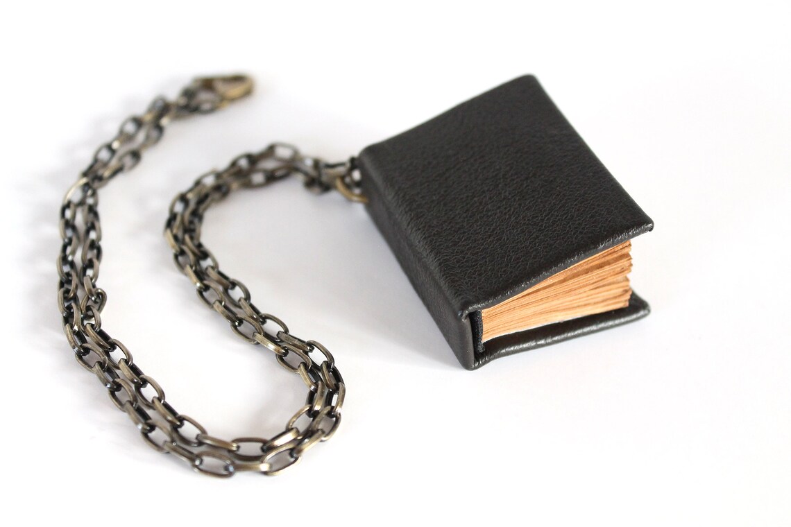 A Worn Volume - Tiny Book Chain Necklace Black Leather Handbound With ...