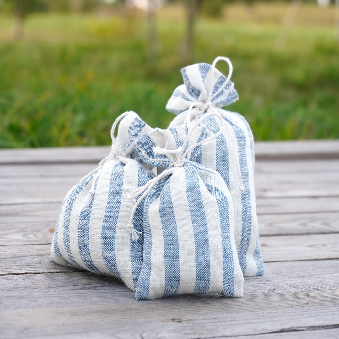 Set 10 Blue White Striped Linen Gift Bags. Christening Quest Gift Pouch ...