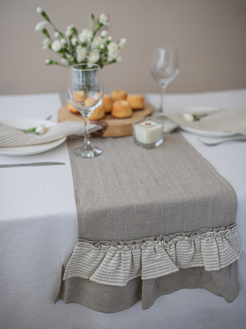 Ruffled Striped Linen Table Runner | Shabby Chic Table Runner | French ...