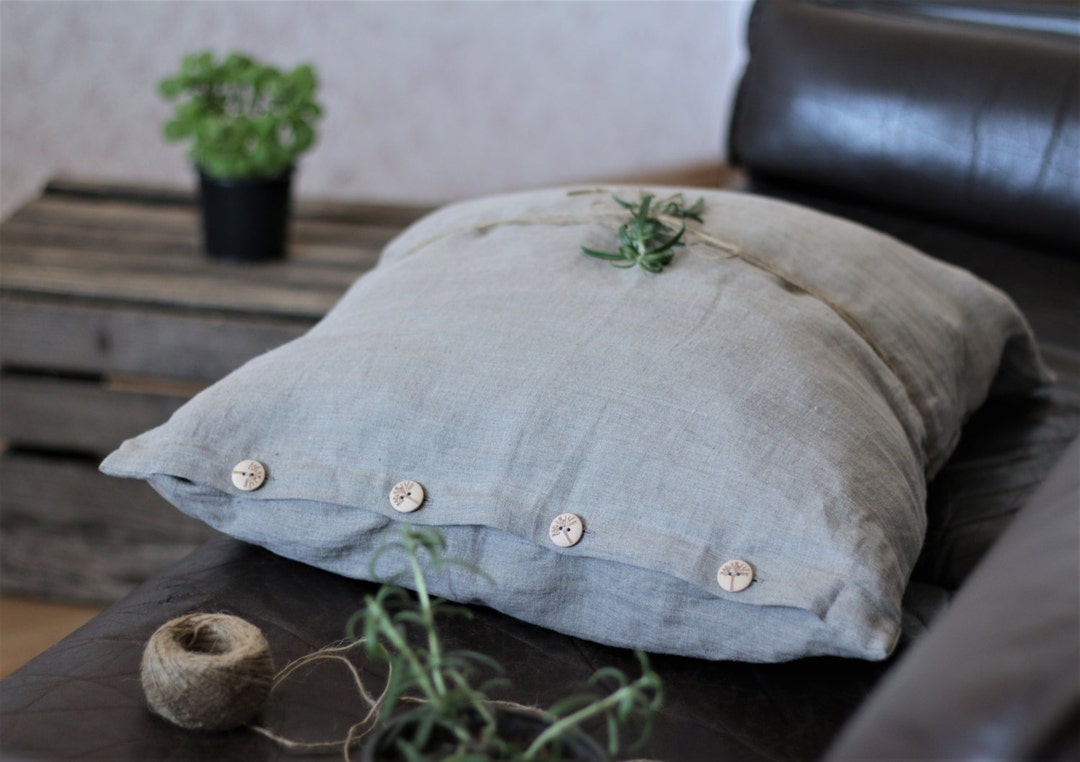 Natural Linen Pillow Case With Buttons Closure, Natural Bed Linen, Soft ...