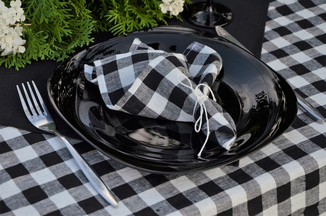 Black/white Check Linen Table Napkin, Checkered Halloween Home Decor ...