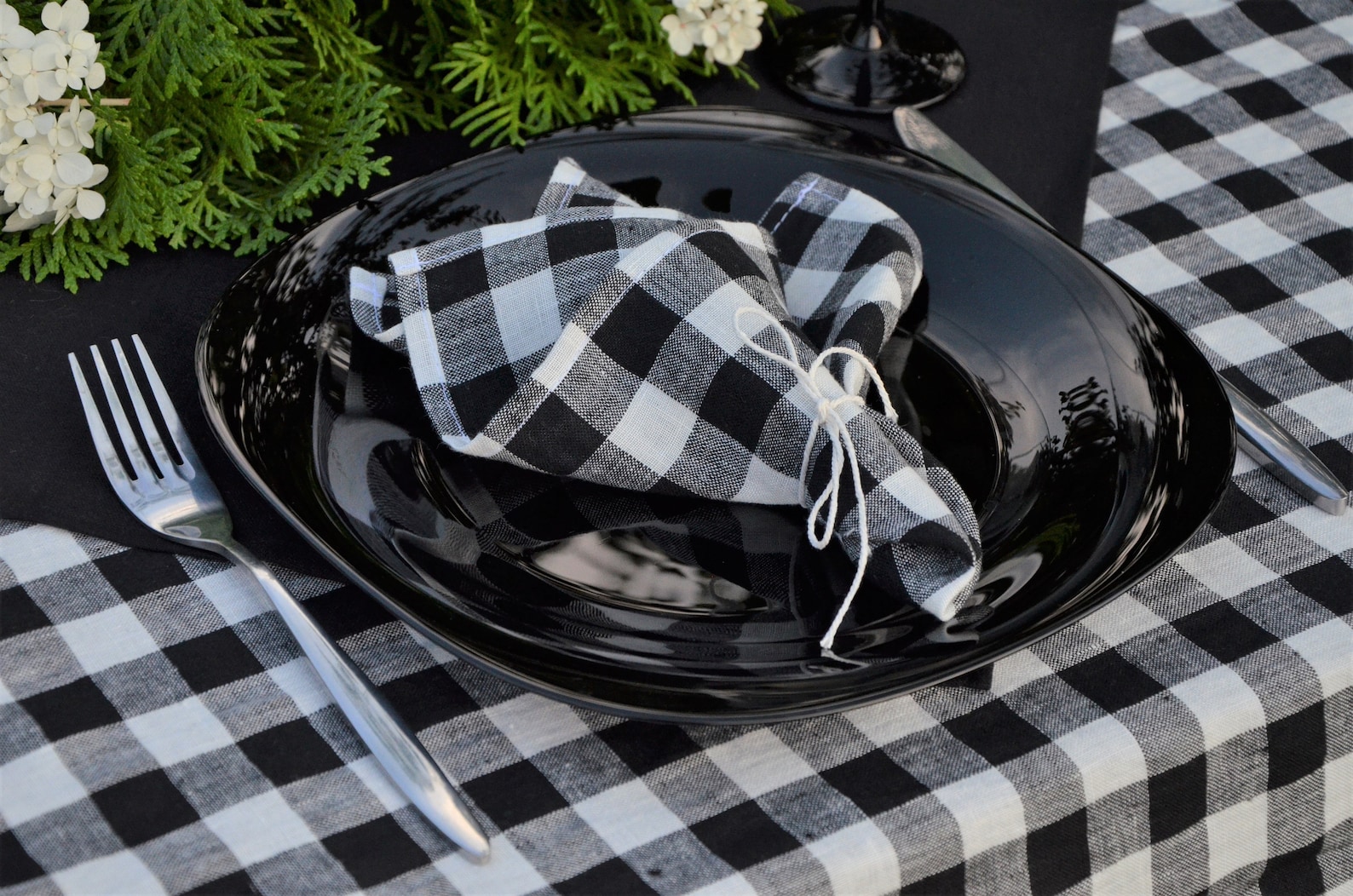 Black/white Check Linen Table Napkin, Checkered Halloween Home Decor ...