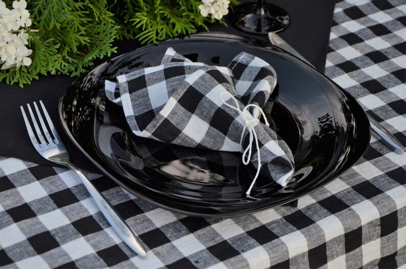 Black/white Check Linen Table Napkin, Checkered Halloween Home Decor ...