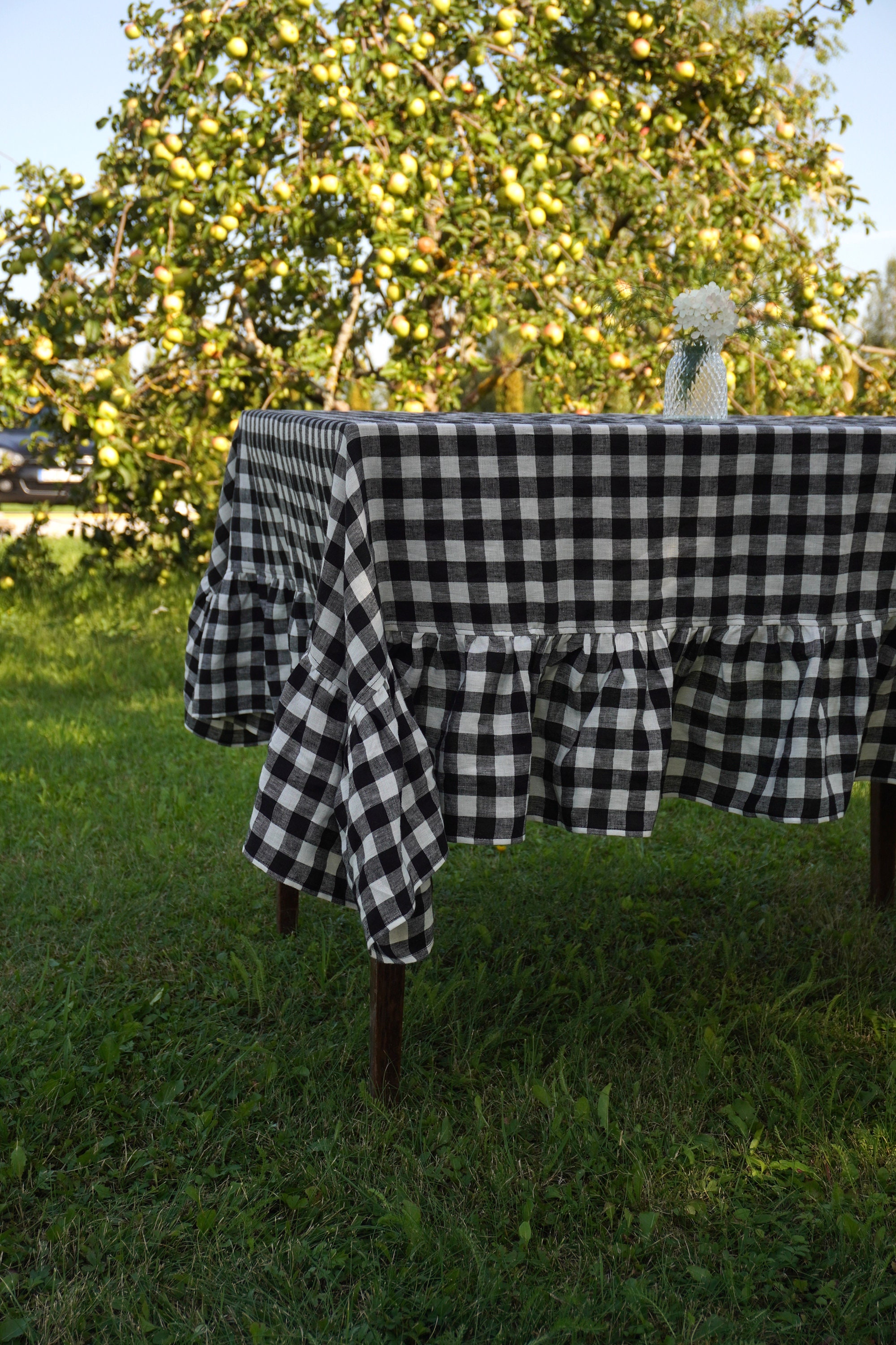 Natural Linen Gingham Ruffle Tablecloth. Farmhouse Linen Tablecloth ...