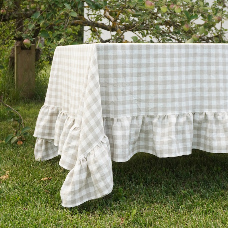 Natural Linen Gingham Ruffle Tablecloth. Farmhouse Linen Tablecloth ...
