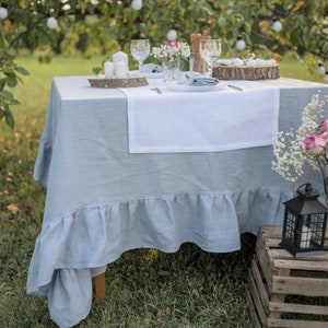 Dusty Blue Ruffle Tablecloth, Dusty Blue Wedding Table Decor, Ruffled ...