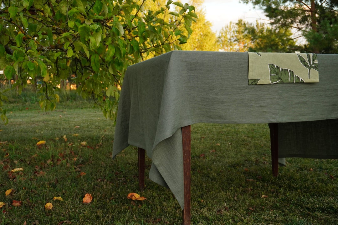 Farmhouse Natural Linen Tablecloth. Green Table Linen. Rectangle ...