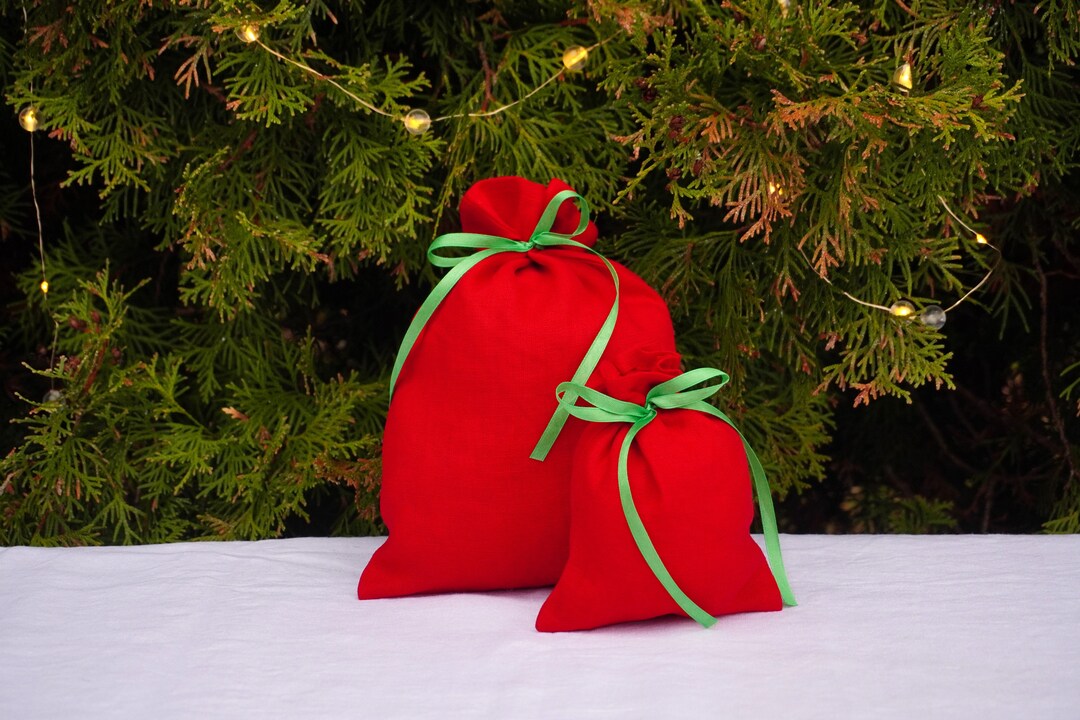 Set 10 Small and Large Christmas Gift Pouch. Red Linen Fabric Gift Bags ...