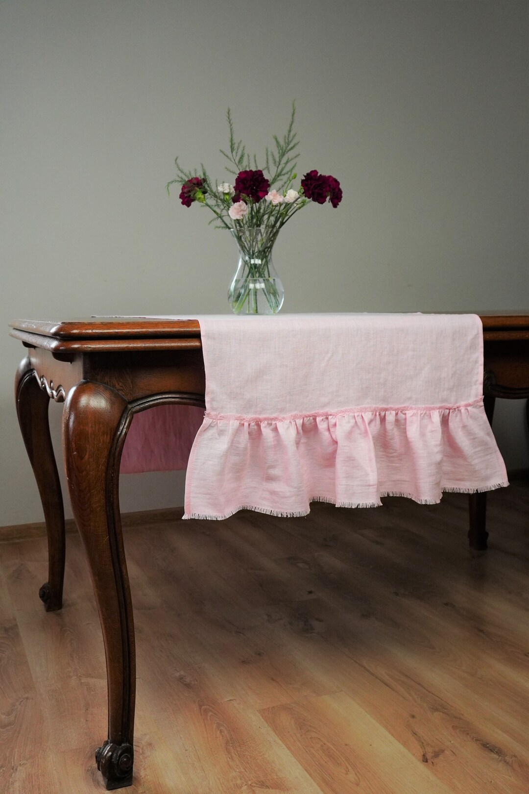 Pink Linen Table Runner. Ruffled Table Runner. Fringed Linen Table ...