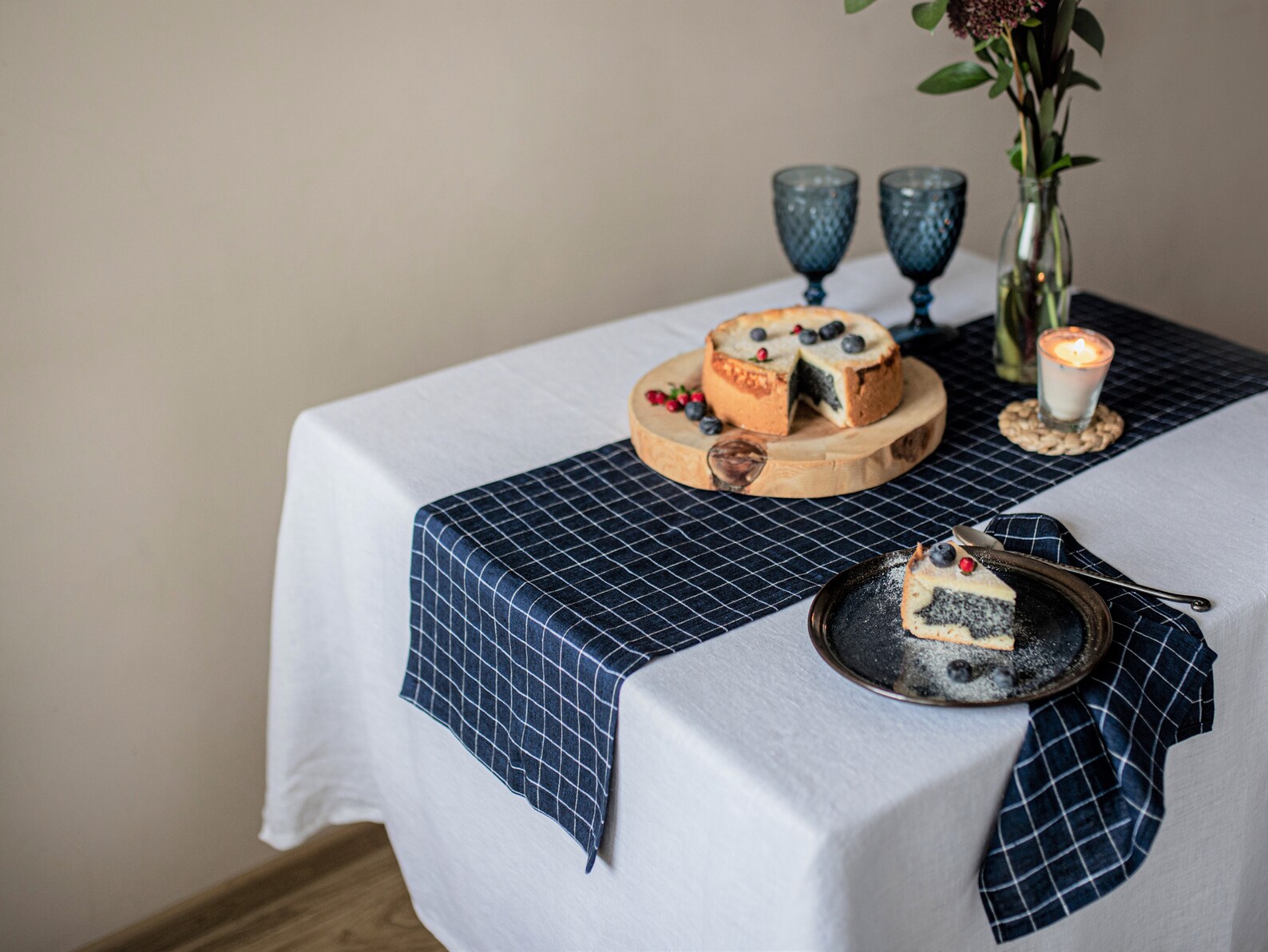 Navy Blue Grid Linen Table Runner, Chequered Blue Table Runner, Plaid ...