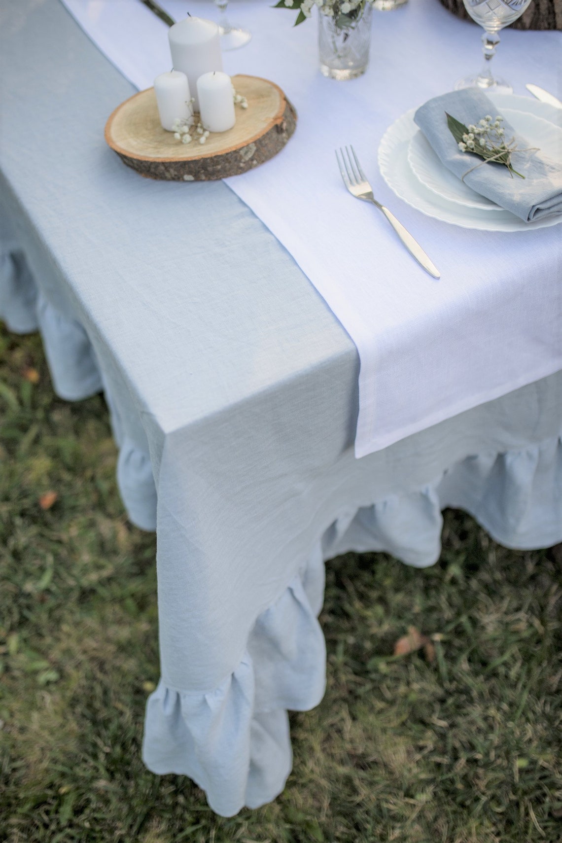 Dusty Blue Ruffle Tablecloth, Dusty Blue Wedding Table Decor, Ruffled ...