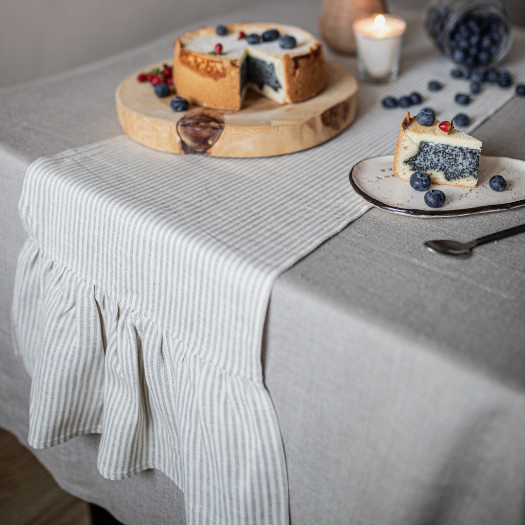 Striped Farmhouse Table Runner. Ruffled Table Runner. Linen Table ...