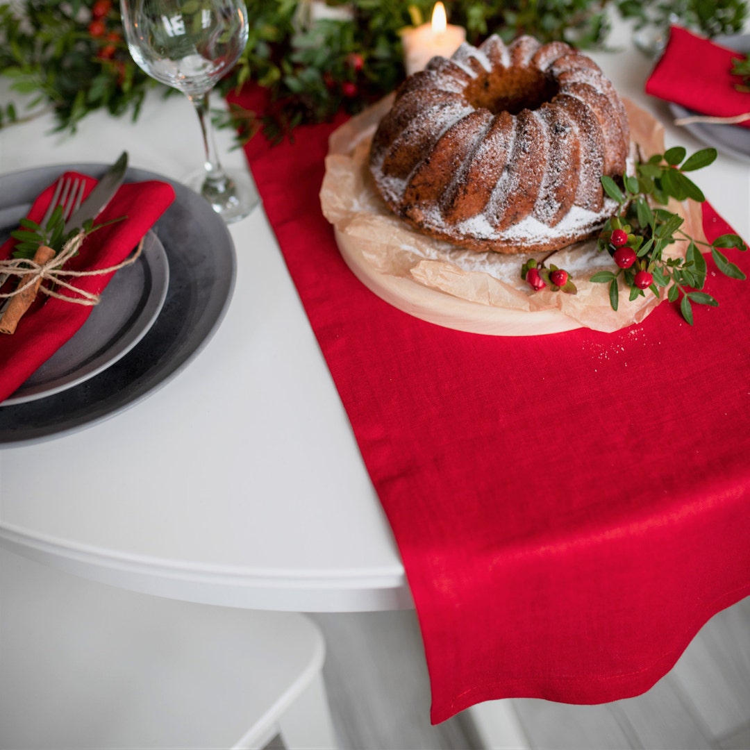 Christmas Linen Table Runner. Red Table Runner. Xmas Linen Table Cloth ...