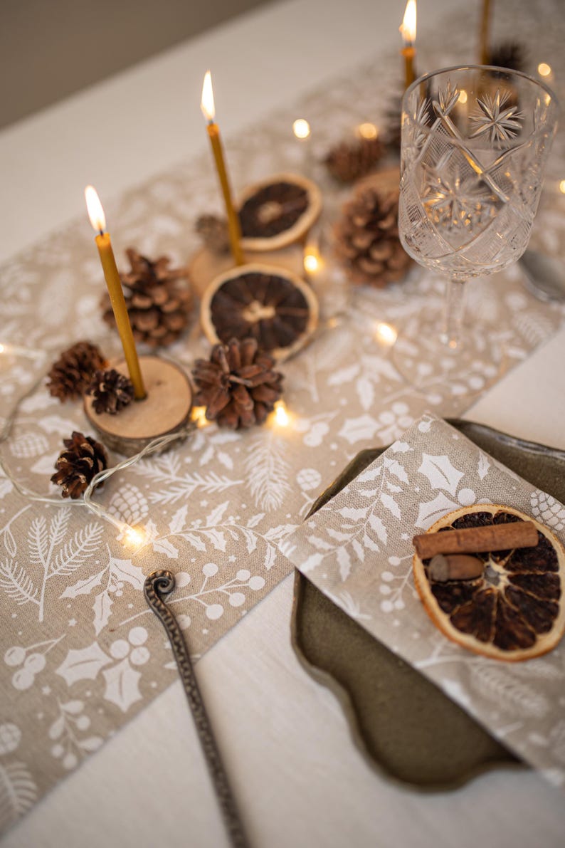 Christmas Table Runner. Winter Print Linen Table Runner. Festive ...