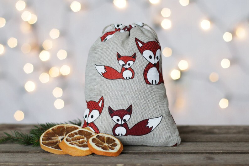 Drawstring Fox Bag: Christmas Gift Bag Linen Fox Bag Holiday - Etsy