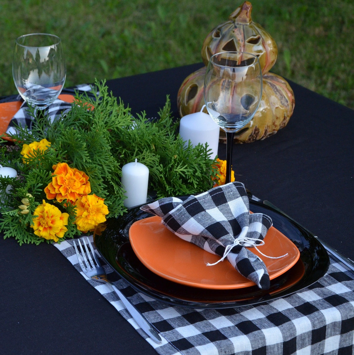 Black/white Check Linen Table Napkin, Checkered Halloween Home Decor ...