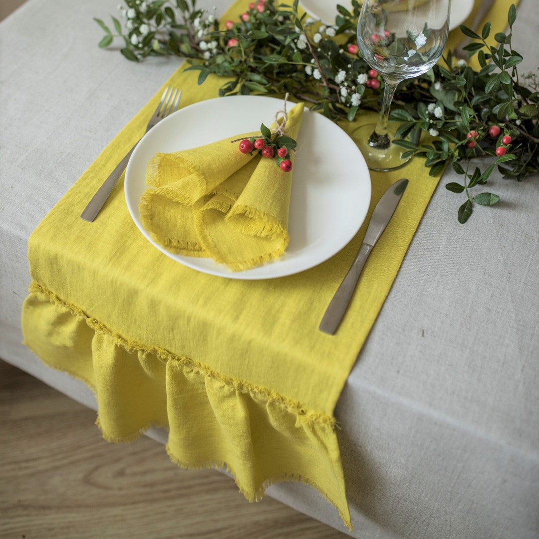 Chartreuse Yellow Linen Table Runner, Rustic Table Runner, Fringes ...