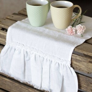 White Linen Table Runner, Ruffled Table Runner, Washed Linen Table ...
