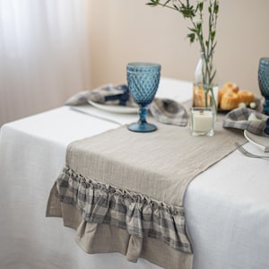 Ruffled Gingham Linen Table Runner | Shabby Chic Table Runner | Checked ...
