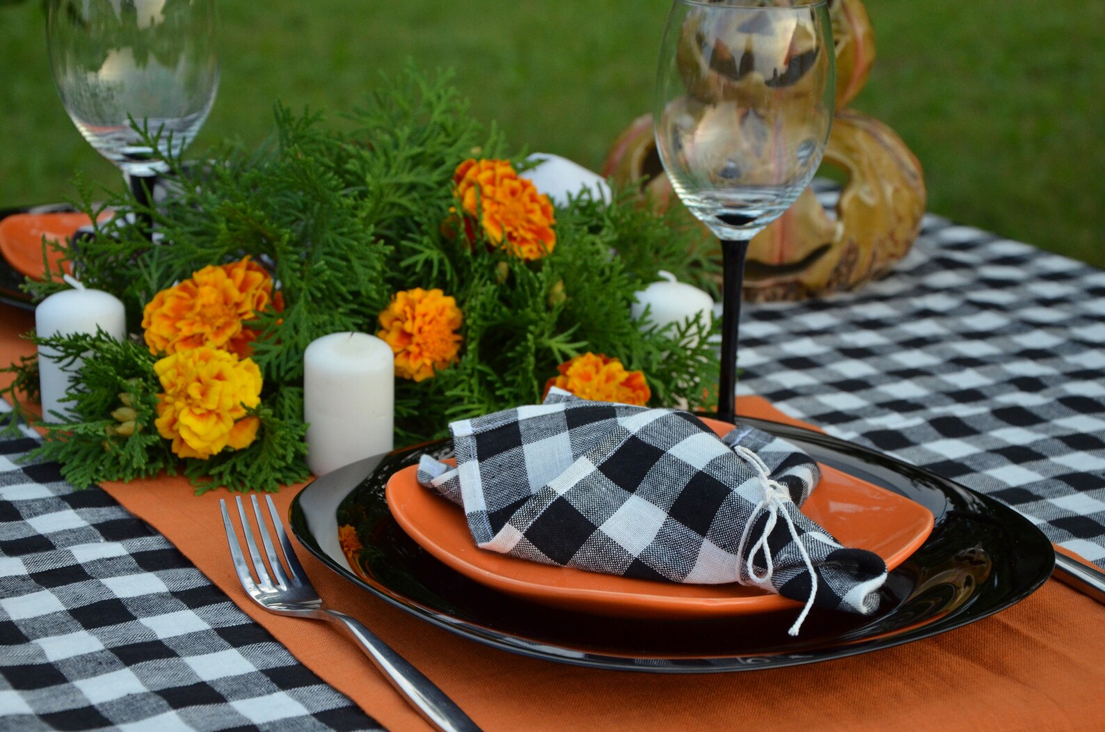 Black/white Check Linen Table Napkin, Checkered Halloween Home Decor ...