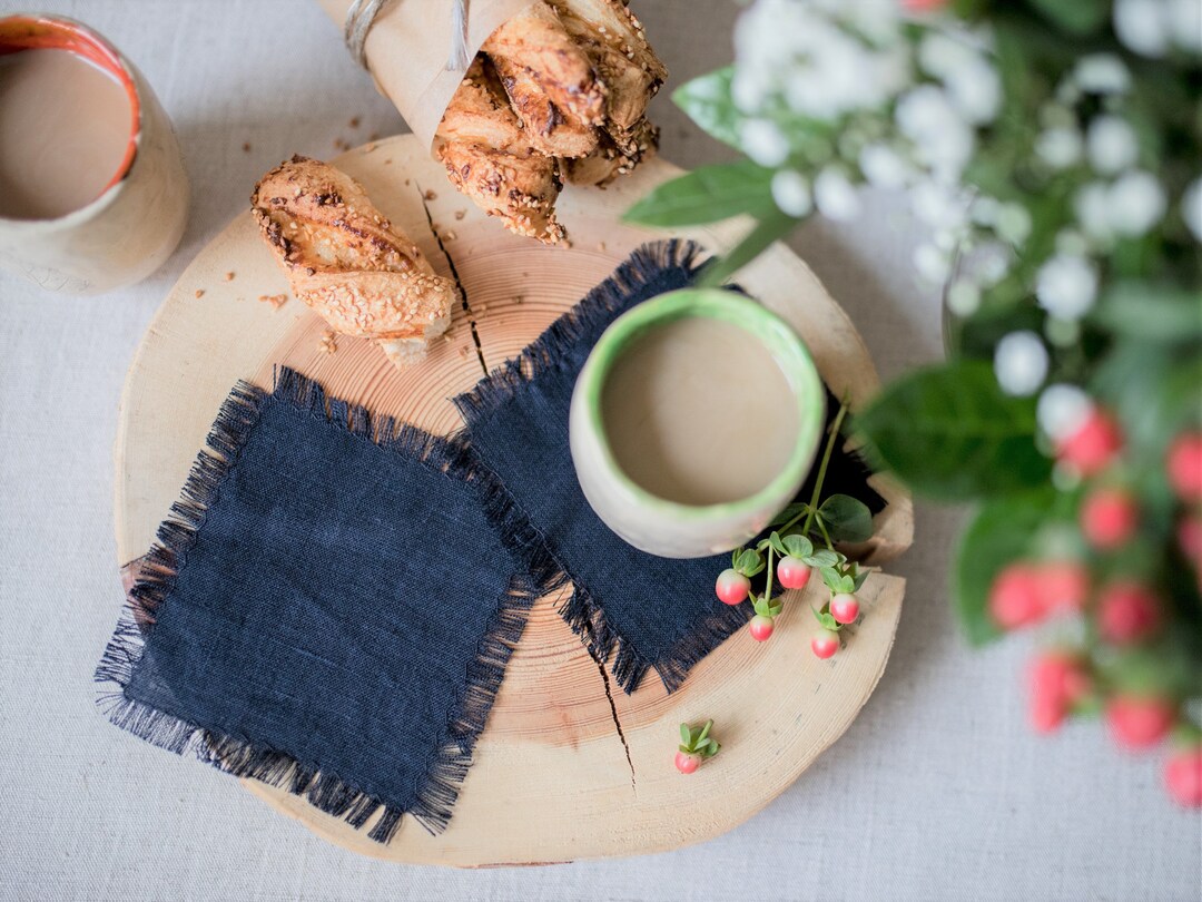 Set Raw Edges Navy Blue Linen Coasters, Fringed Fabric Coasters ...