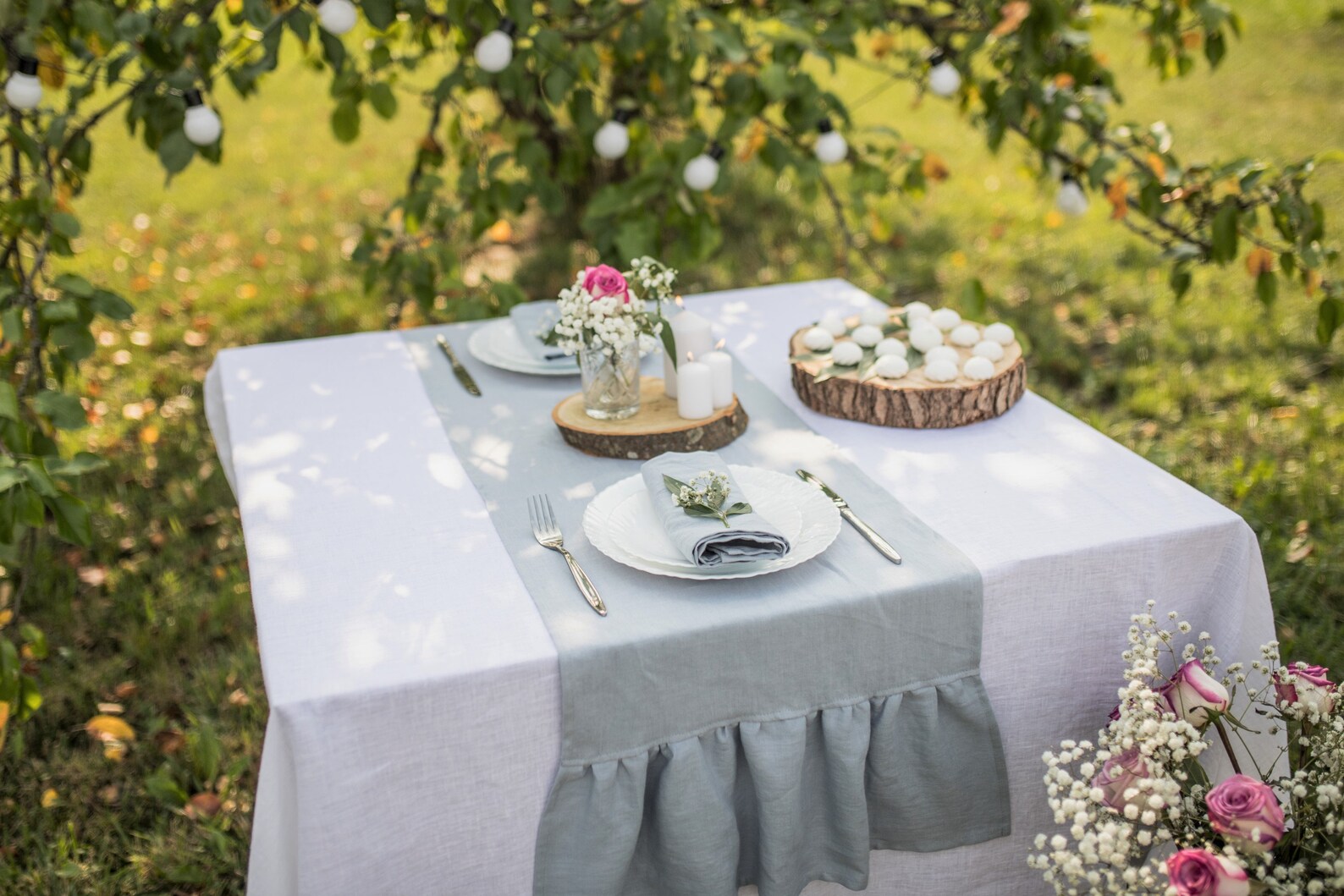 Dusty Blue Table Runner, Linen Ruffle Table Runner, Dusty Blue Table ...