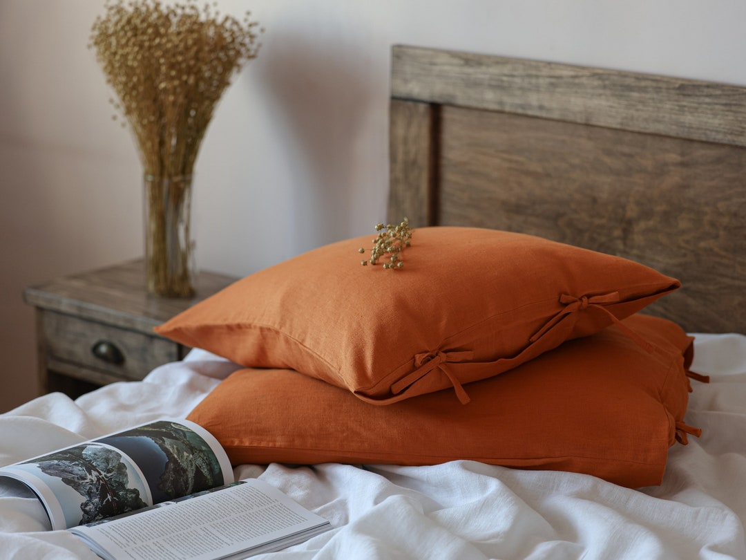 Orange Linen Pillow Shams. Burnt Orange Linen Pillow Cover With Tie ...