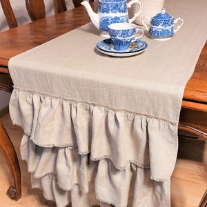 Ruffled Linen Table Runner. Shabby Chic Table Runner. Soft Washed Linen ...