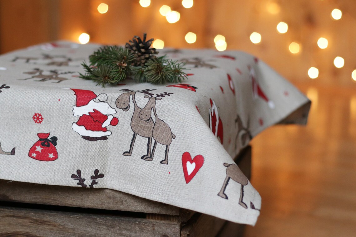 Tablecloths Christmas Ornament. Linen Tablecloth Santa Claus and Deer ...
