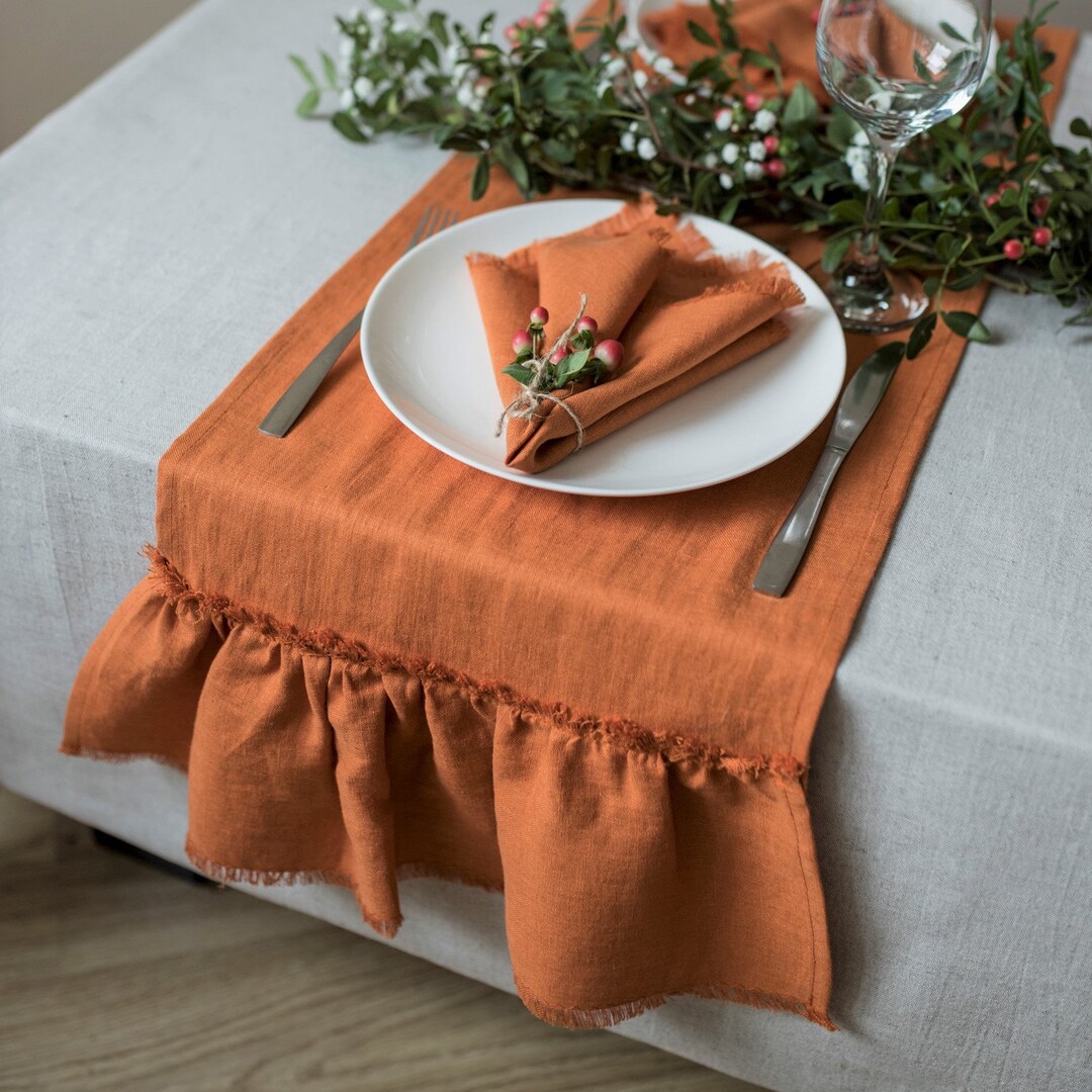 Burnt Orange Table Runner, Ruffled Table Runner, Wedding Linen Table ...