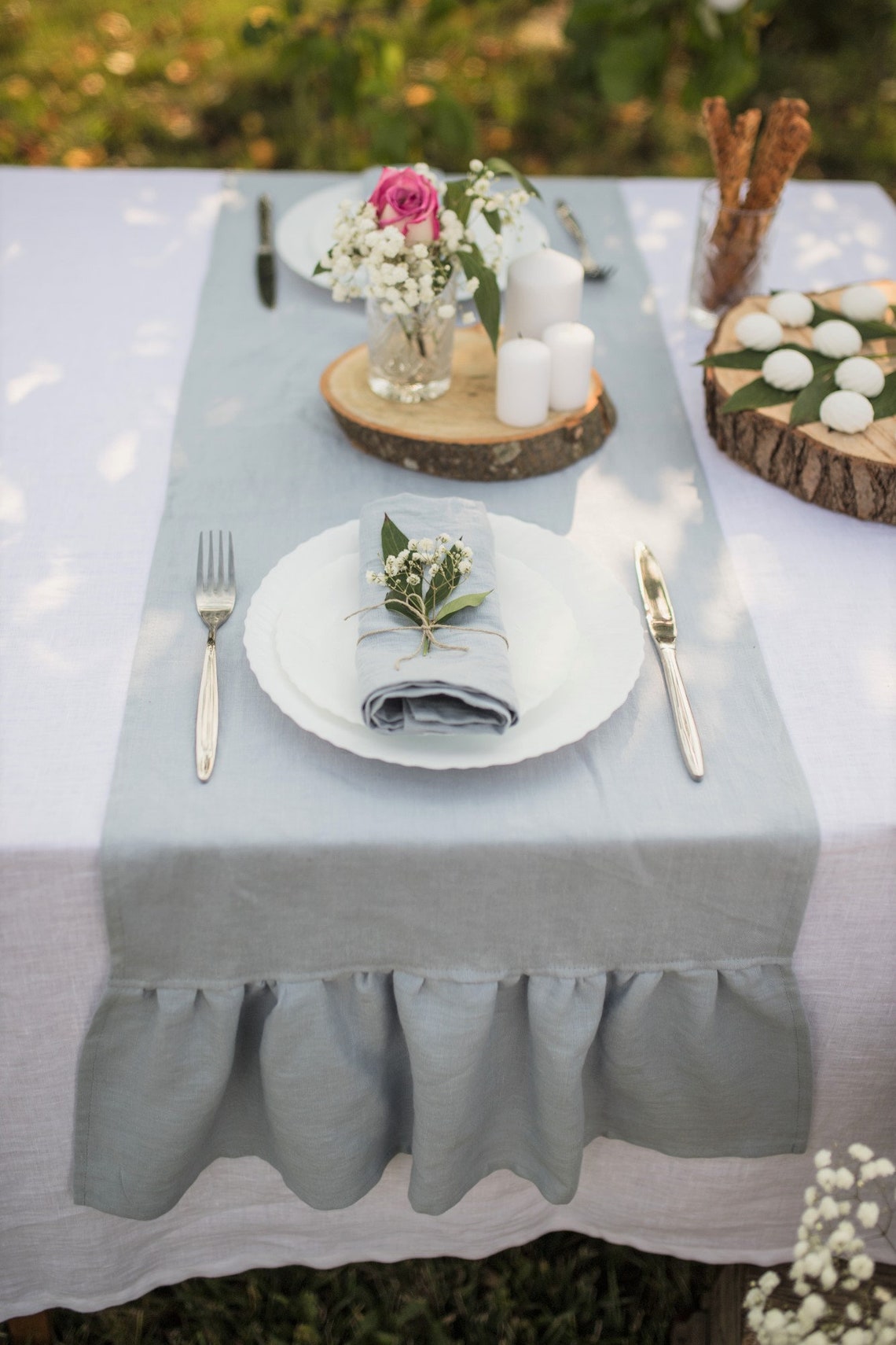Dusty blue table runner linen ruffle table runner dusty blue | Etsy