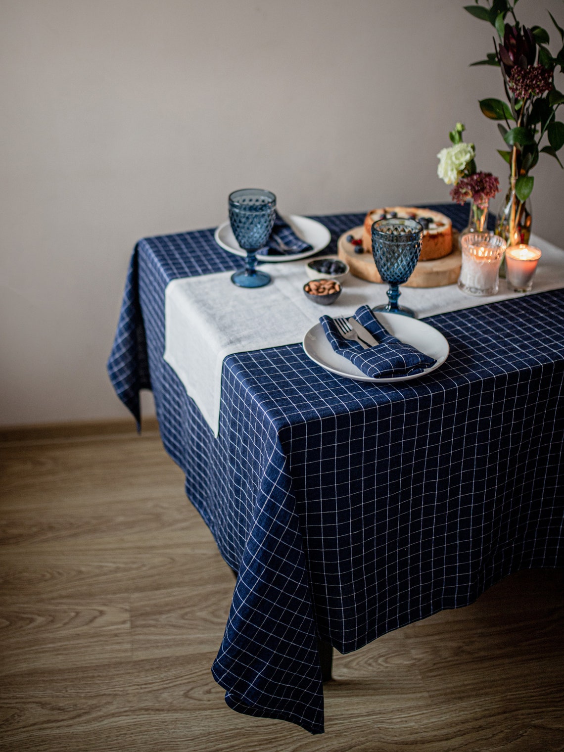 Plaid Navy Blue Linen Table Cloth, Blue Grid Wedding Table Cloth, Check ...