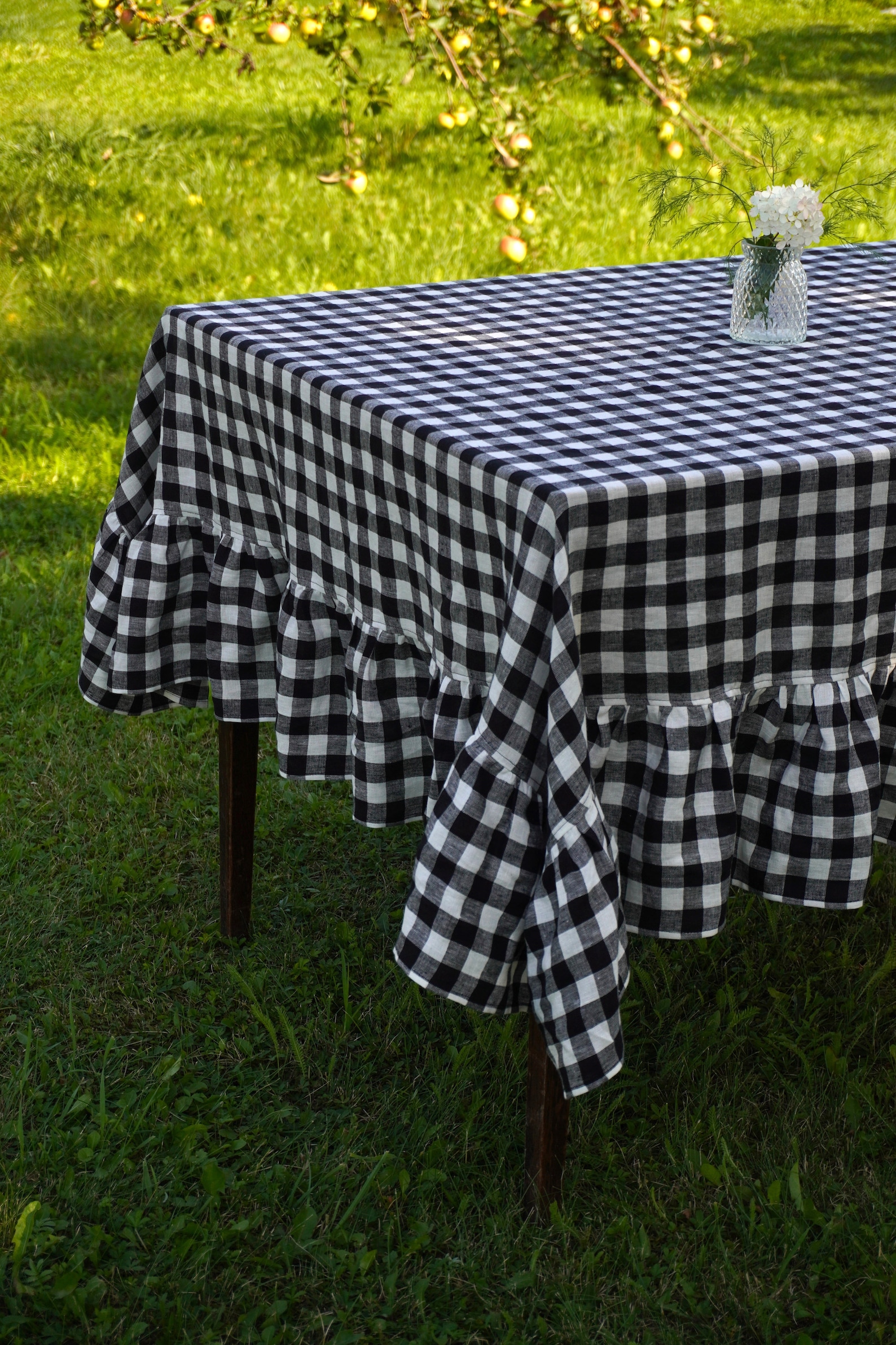 Natural Linen Gingham Ruffle Tablecloth. Farmhouse Linen Tablecloth ...