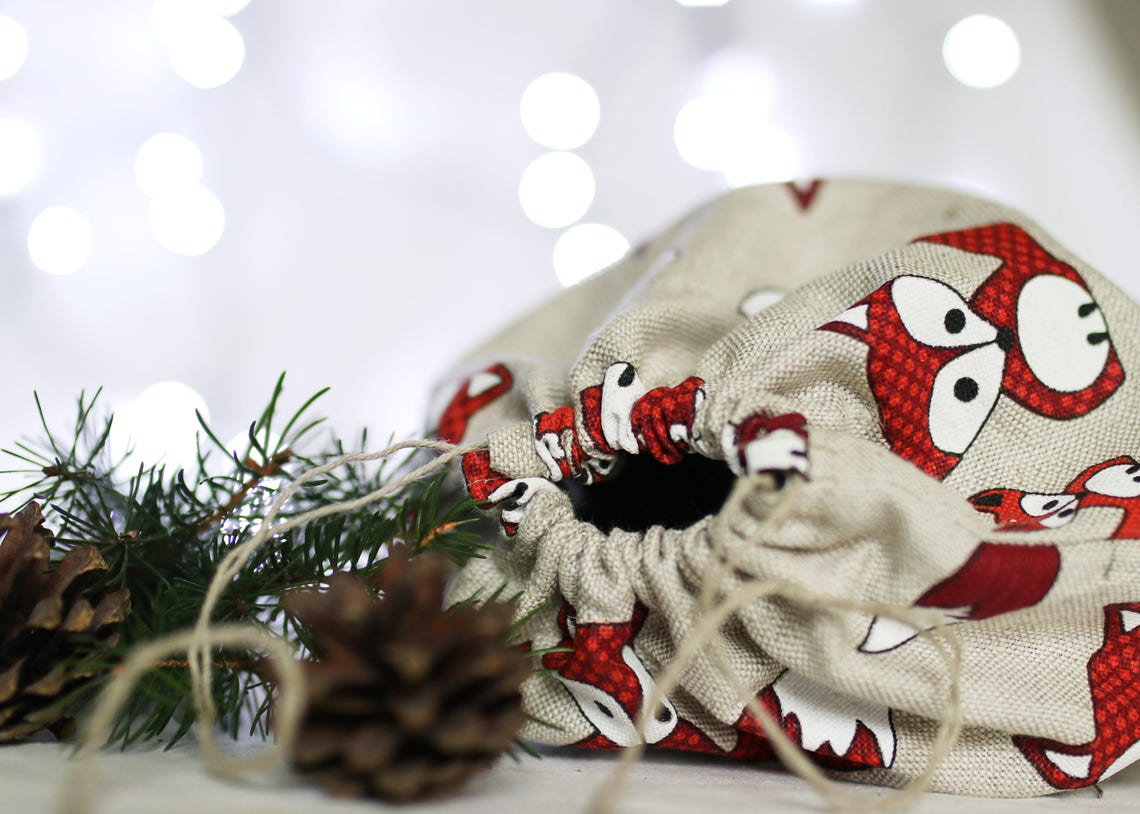 Drawstring fox bag: Christmas gift bag linen Fox bag holiday | Etsy