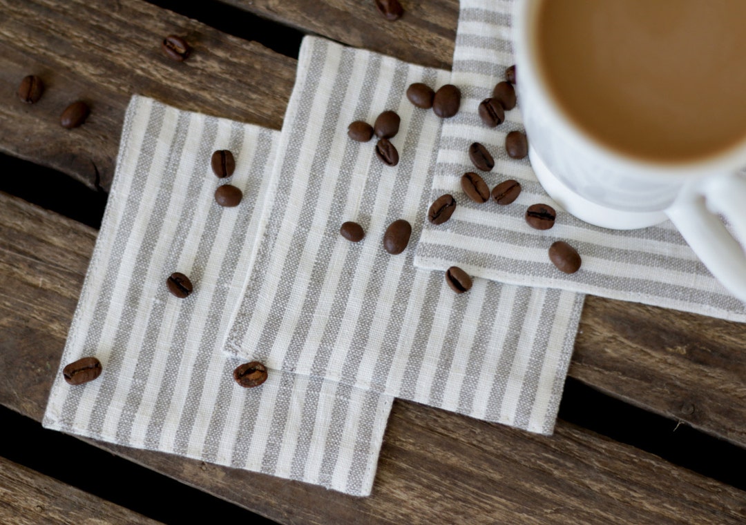 Set of 4 Linen Coasters, Small Striped Fabric Coasters, Drink Coasters ...