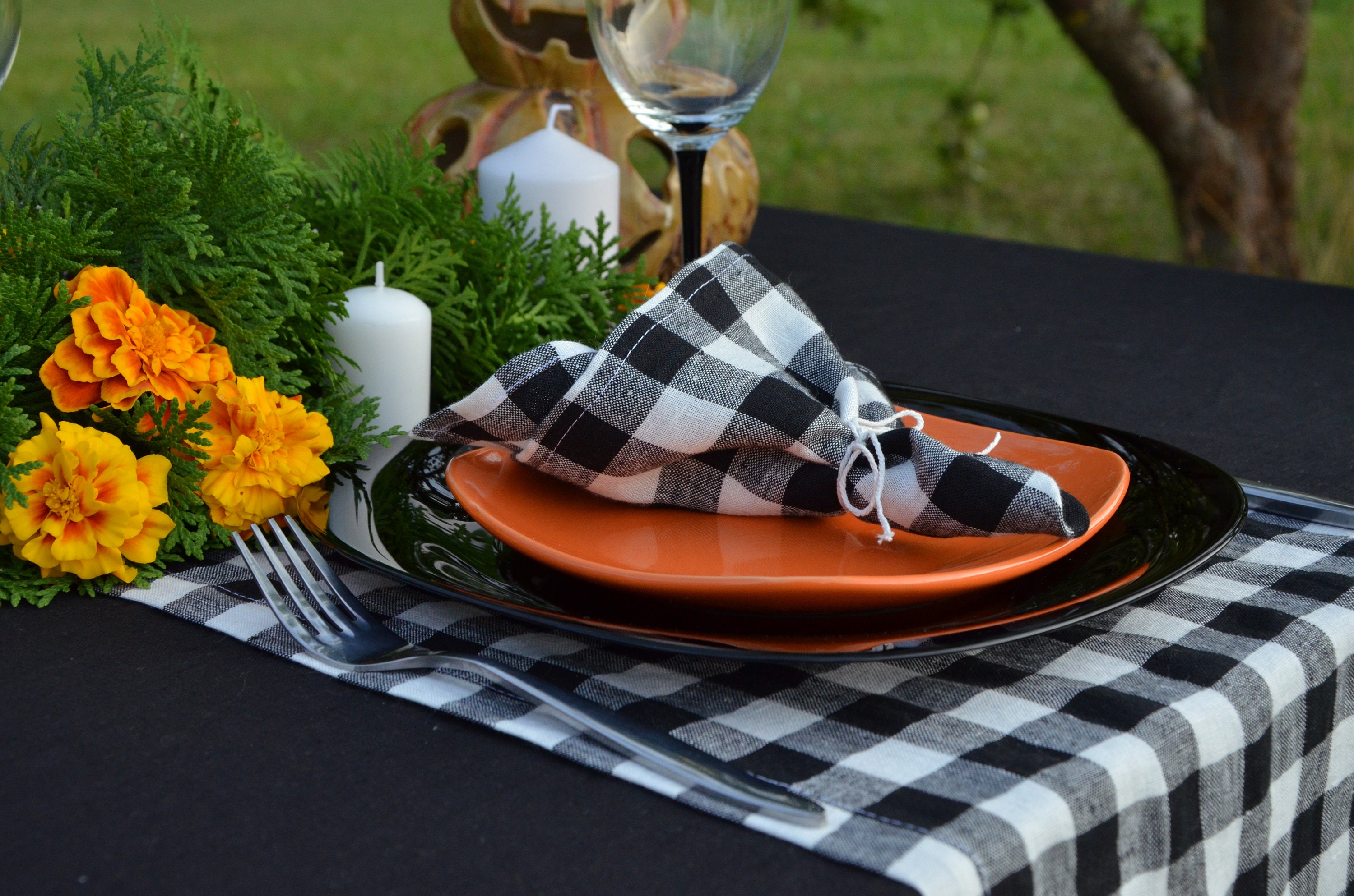 Black/white Check Linen Table Napkin, Checkered Halloween Home Decor ...