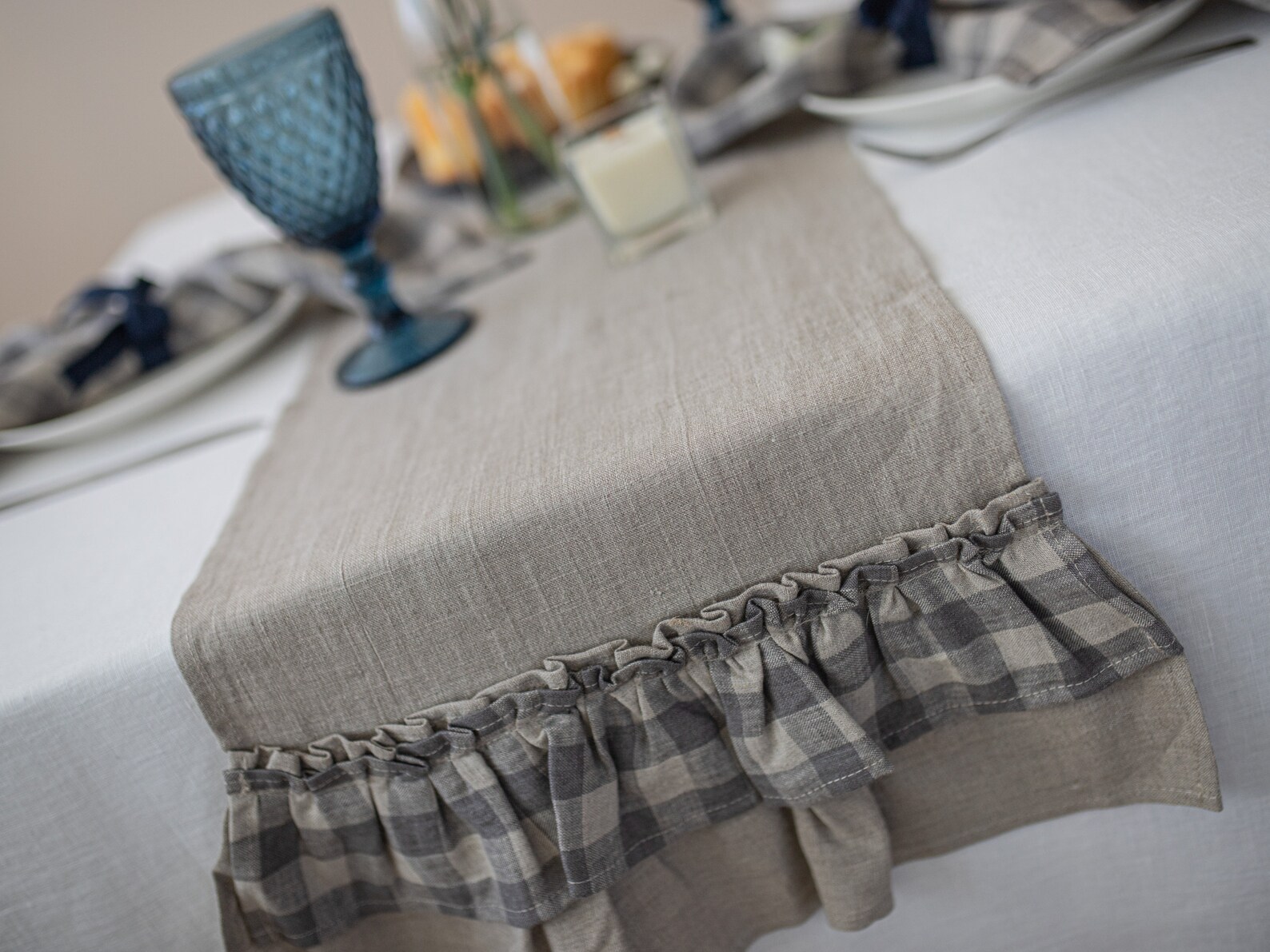 Ruffled Gingham Linen Table Runner Shabby Chic Table Runner - Etsy