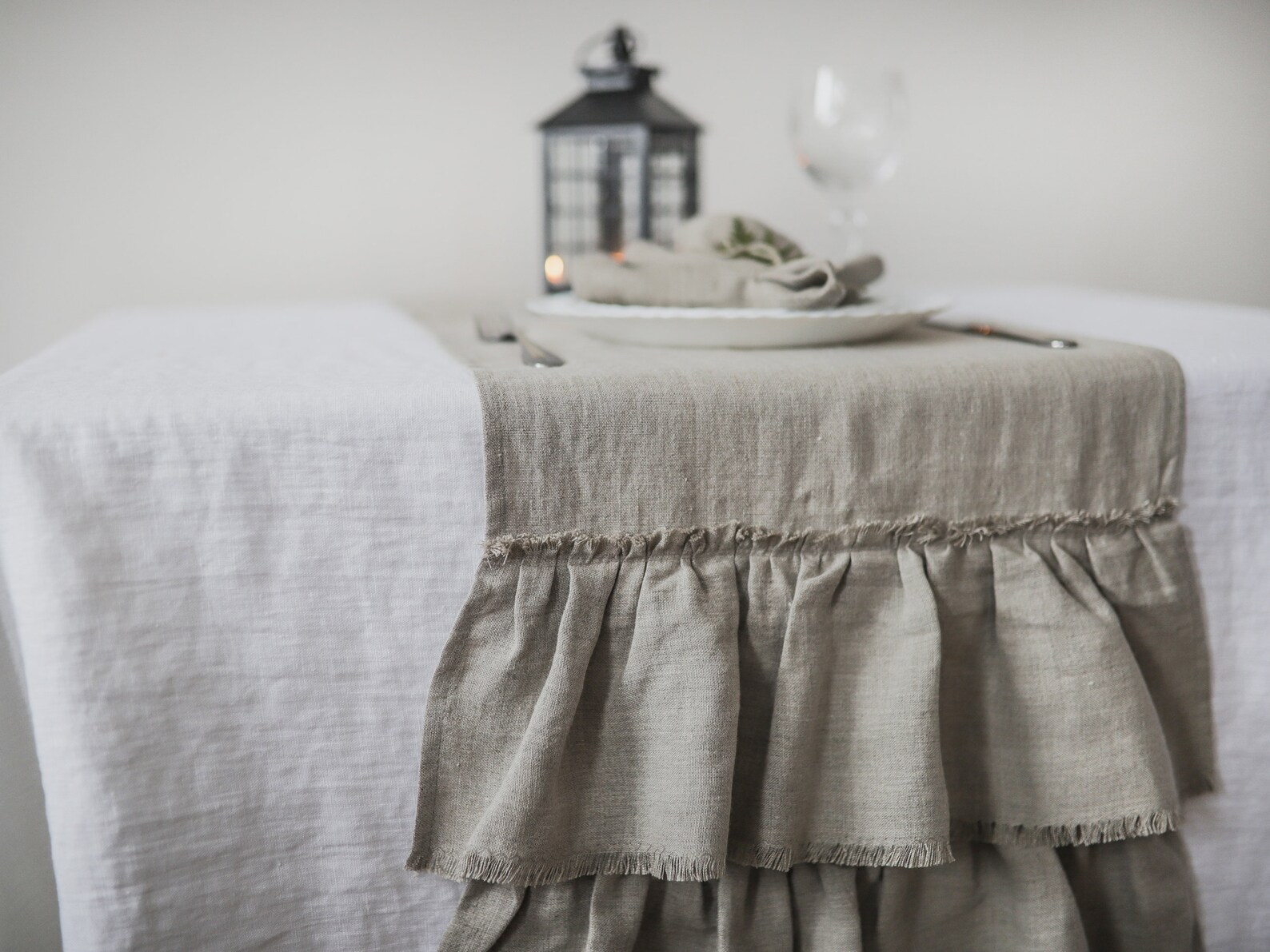 Ruffled Linen Table Runner Shabby Chic Table Runner Washed - Etsy
